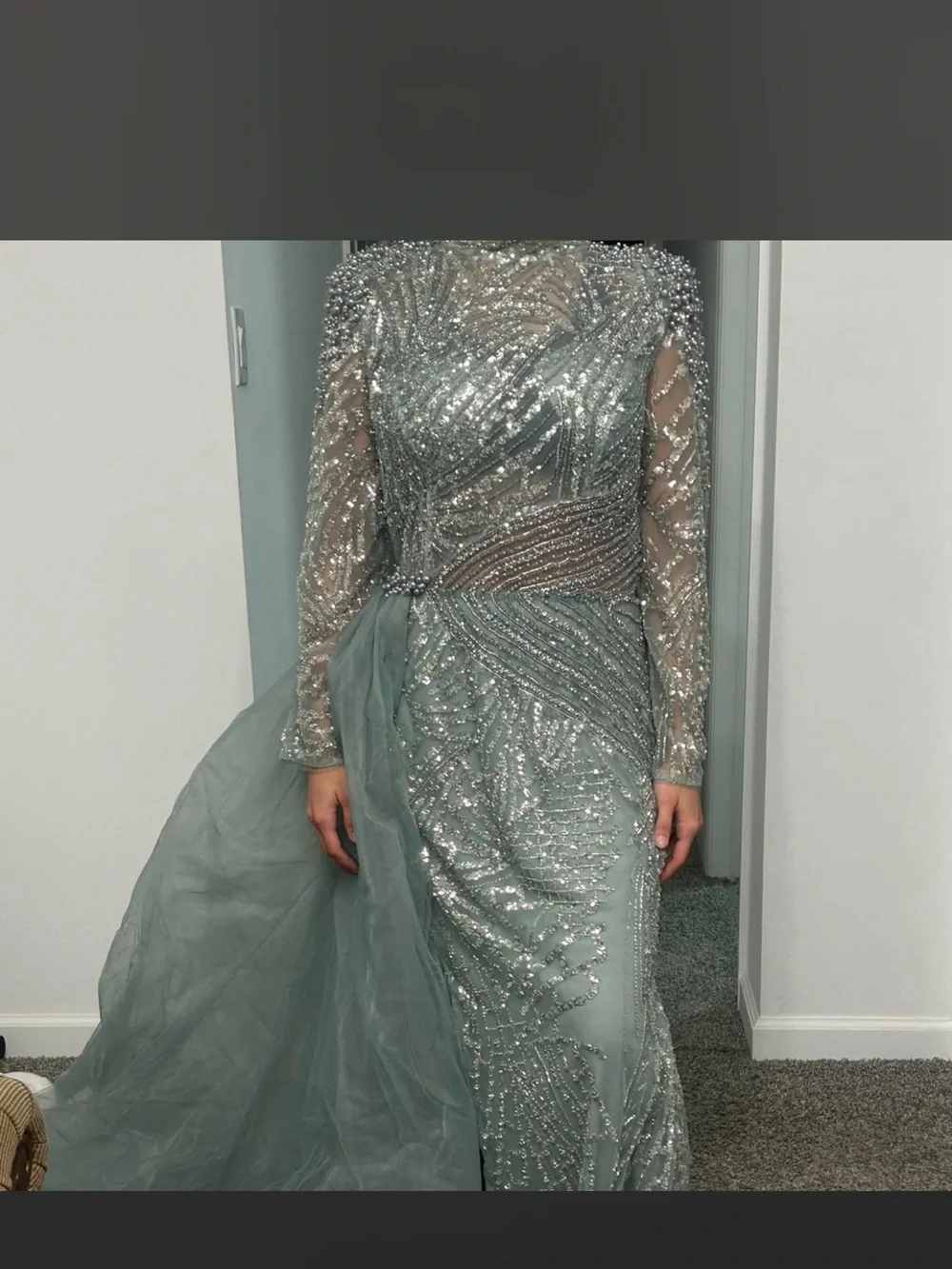 Dresses | Embellished Sheer Longsleeve Evening Gown In Sage Green ...